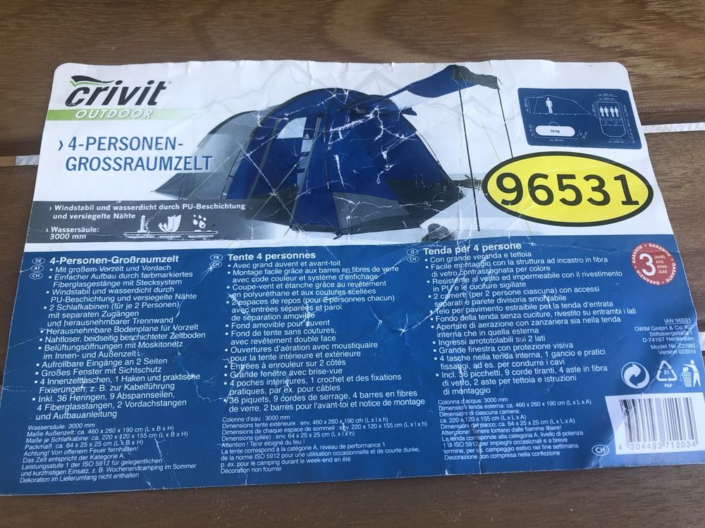 Top Zustand - Crivit Outdoor 4-Personen-Grossraumzelt (Gebraucht) in ...
