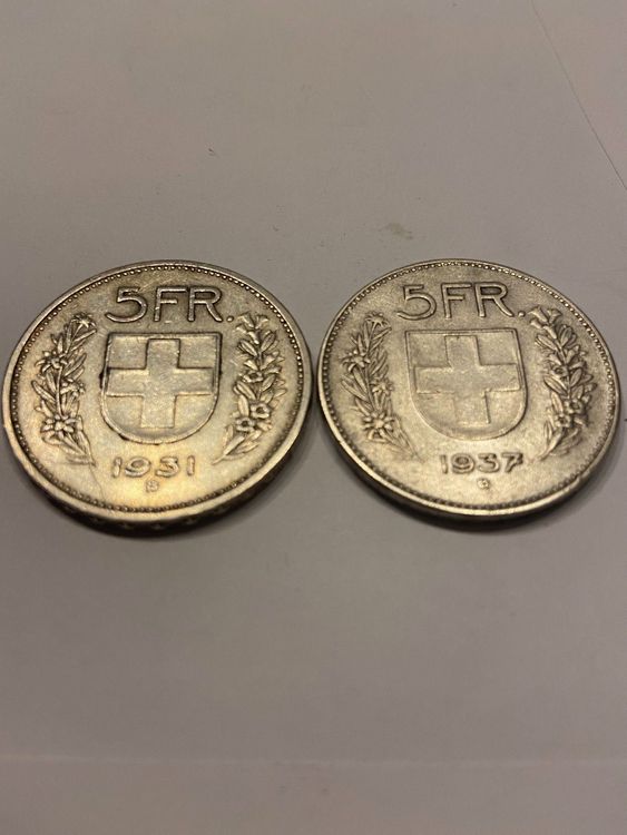 2 Silbermünzen Fünfliber JG 1931 / 1937 (Gebraucht) in Ebikon für CHF 21 – mit Lieferung auf ...