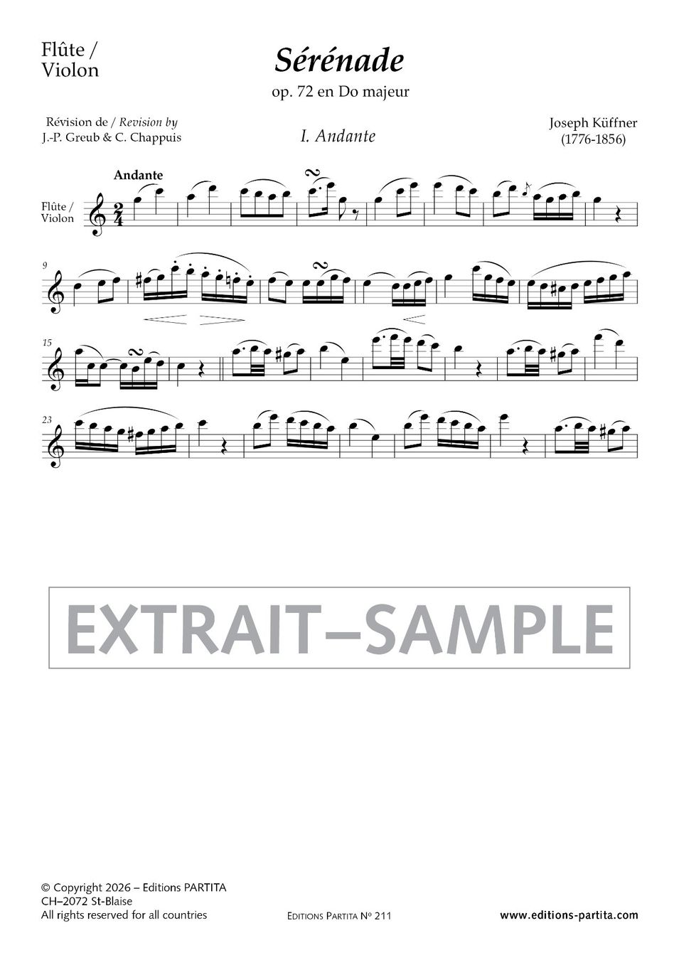 J. KÜFFNER – Sérénade op. 72 pour flûte/violon et guitare (Neuf avec ...