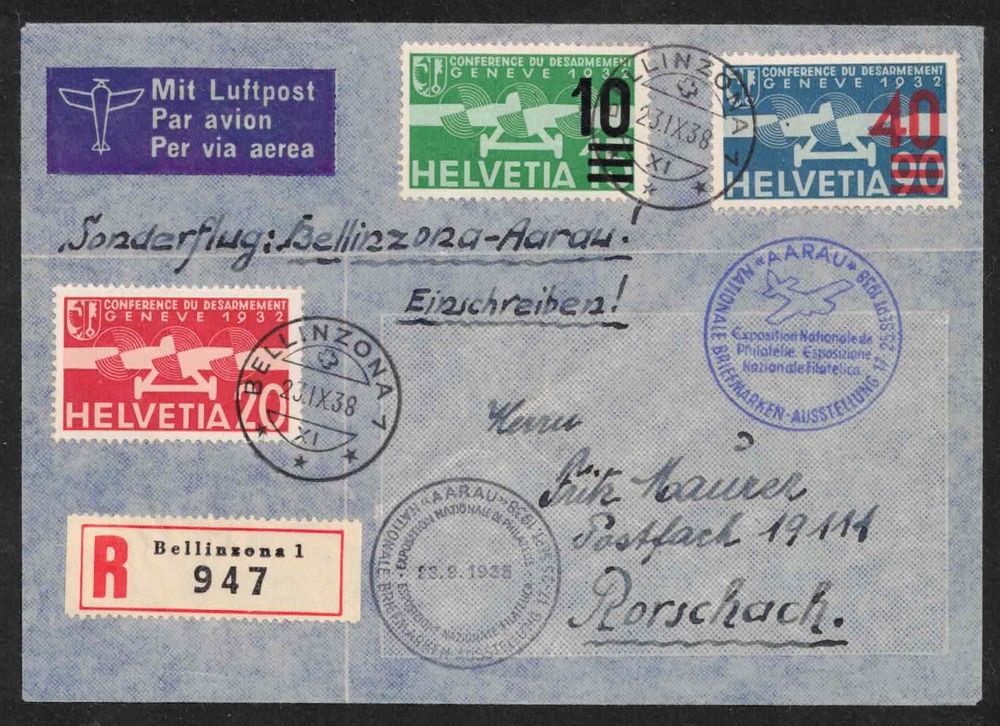 1938, Flugpost Brief Bellizona - Aarau, ab 1.- (Neu (gemäss Beschreibung)) in Nuglar für CHF 4 ...