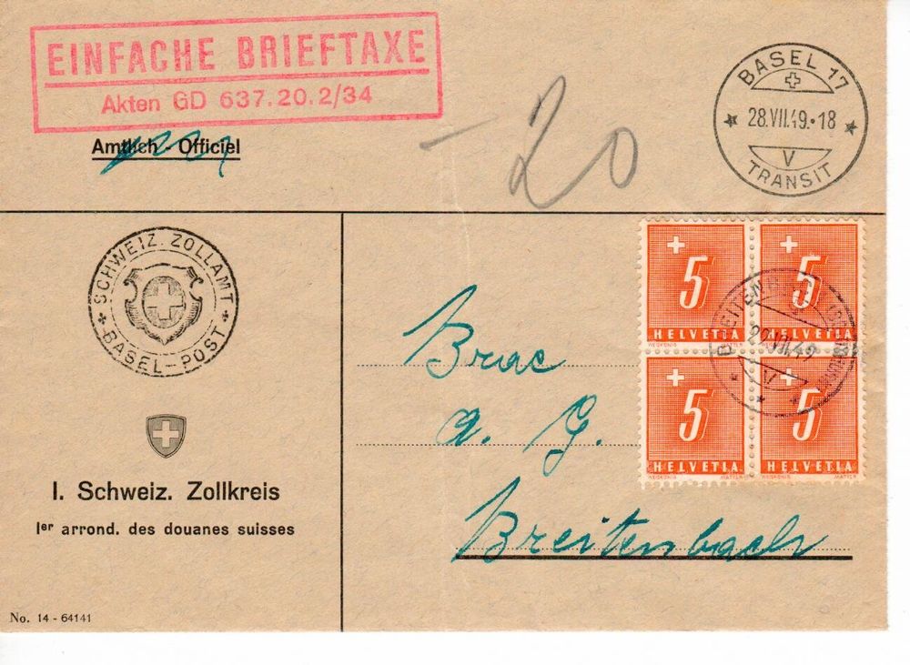 Brief, Basel Zollamt - Breitenbach ( Einfache Brieftaxe) | Kaufen auf Ricardo