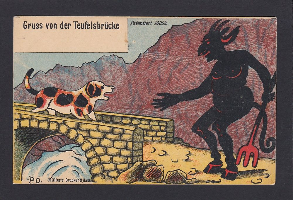 TEUFELSBRÜCKE Sage, antike Künstler-Litho 1913, monogr. P.O. (Gebraucht ...