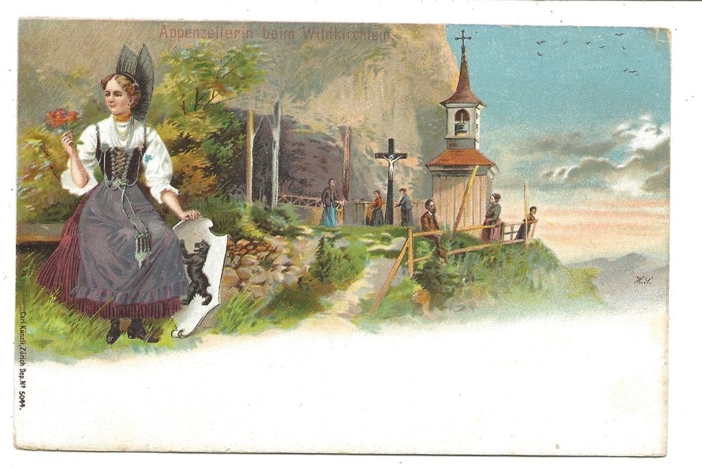 Appenzellerin beim Wildkirchli (AI) Tracht - Litho um 1900 | Kaufen auf Ricardo