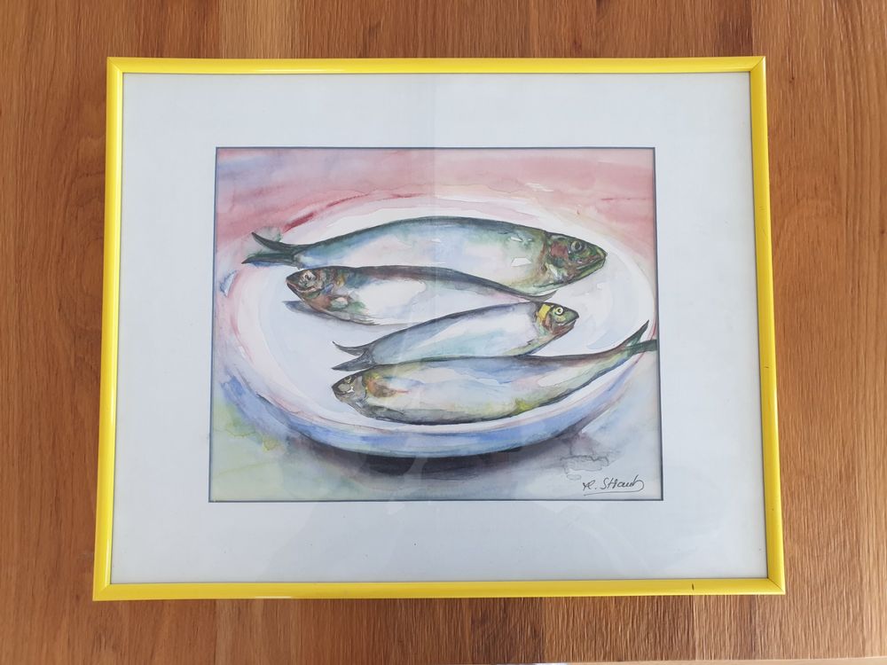 Aquarell Heringe auf Teller, Signiert, Gerahmt (Neu (gemäss Beschreibung)) in Dagmersellen für ...