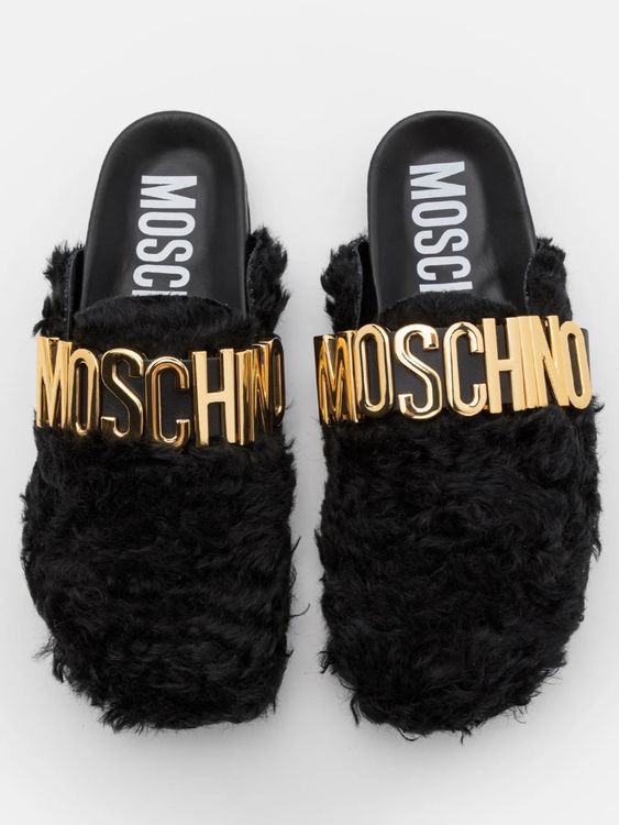 MOSCHINO Herren Clogs Mules Schwarz Faux Fur Slippers 44 NEU | Kaufen ...