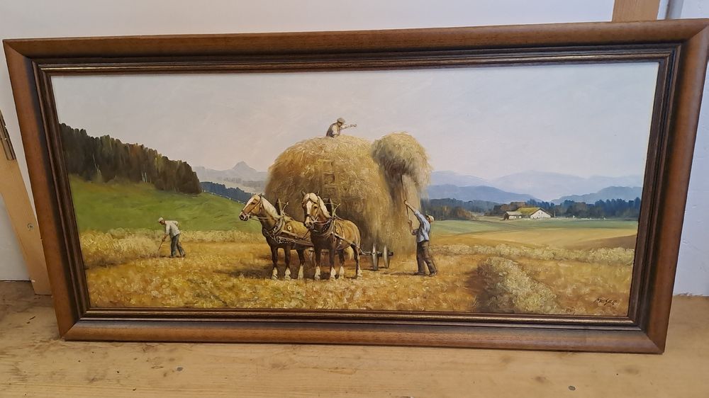 Ölbild MOSER BAUERN SZENE LANDWIRTSCHAFT HEUWAGEN PFERDE | Kaufen auf Ricardo