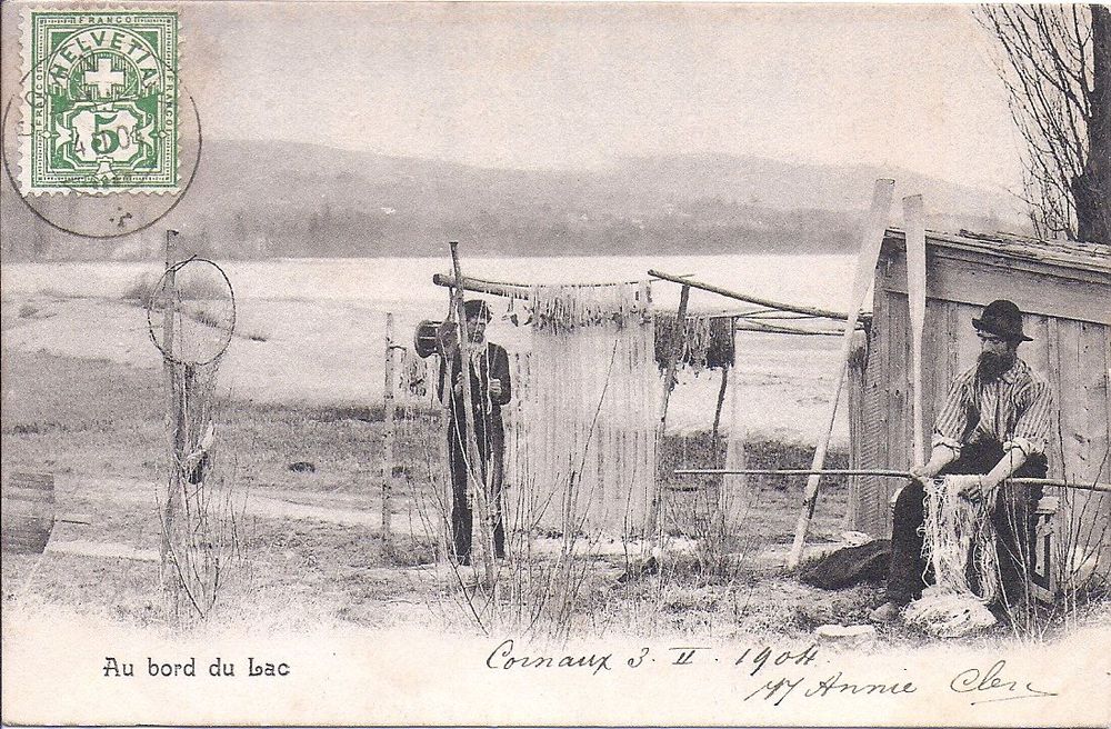 LAC DE NEUCHÂTEL, pêcheurs préparant et réparant les filets (Gebraucht) in Les Verrières für CHF ...