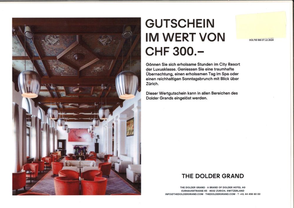 Gutschein CHF 300 im The Dolder Grand (Neu und originalverpackt) in ...