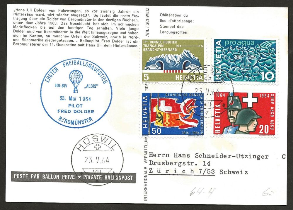 Ballon Schweiz 1964 Beromünster HÜSWIL Luftpost Dolder (Gebraucht) in Au ZH für CHF 5 – mit ...