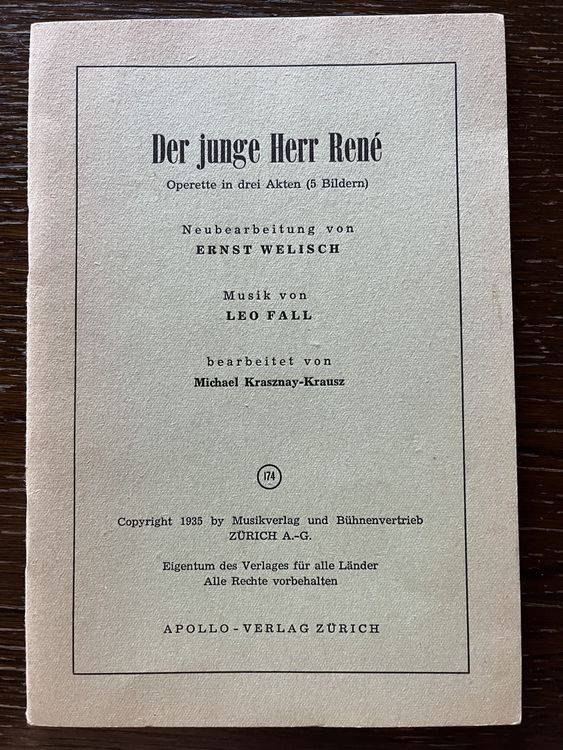 Operetten-Libretto "Der junge Herr René" 1935 | Kaufen auf Ricardo