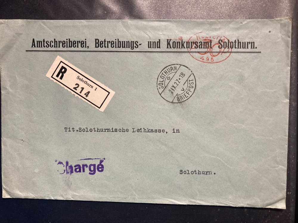 Schweiz 1927 30 Porto-Stempel 495 R-Brief Solothurn (Gebraucht) in Liestal für CHF 3 – mit ...