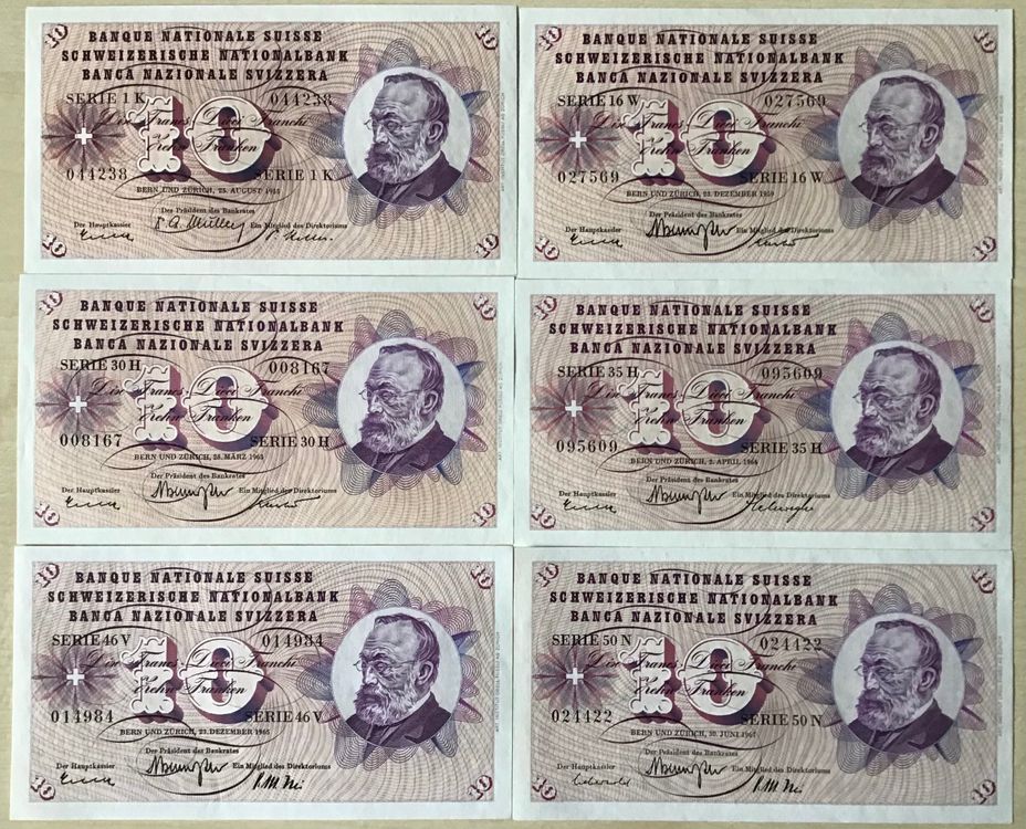 6 sehr schöne Schweizer 10 Franken-Banknoten 1955 -1967 | Kaufen auf ...
