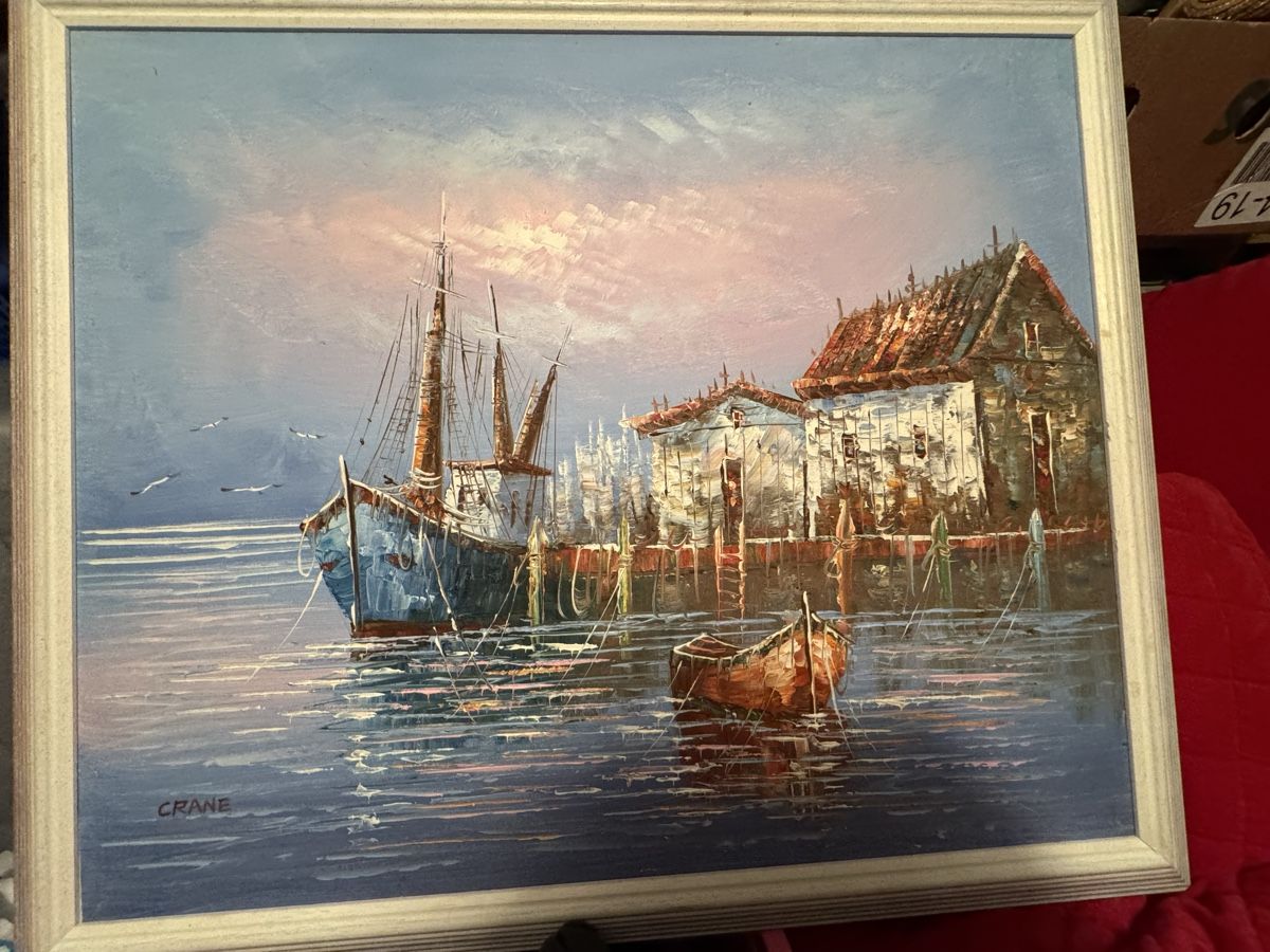 Tableau vintage Crane, scène de port maritime charmante! (D'occasion) à ...