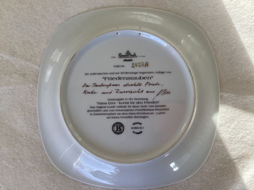 Hans Erni: Friedenstauben auf Rosenthal Porzellan (Neu (gemäss Beschreibung)) in Muttenz für CHF ...