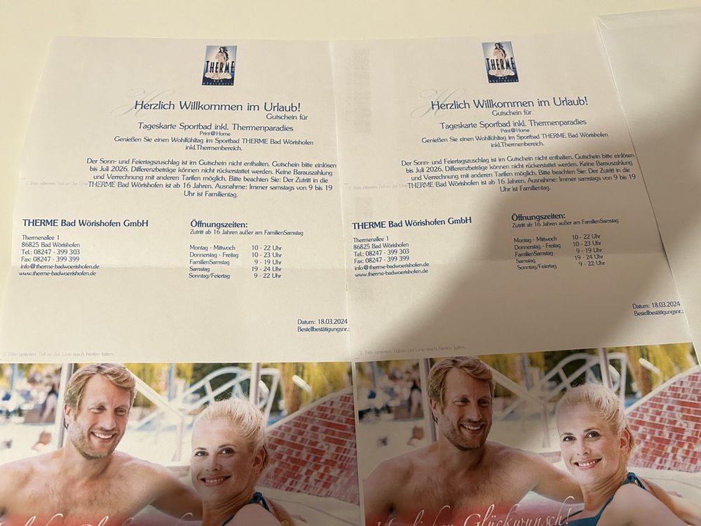 2x Wellnessgutschein Tageskarte Therme Bad Wörishofen (Neu und originalverpackt) in Grafenried ...