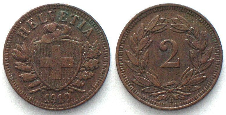 EIDGENOSSENSCHAFT 2 Rappen 1910 Bronze SEHR SELTEN! vz (Gebraucht) in Riehen für CHF 35 – mit ...