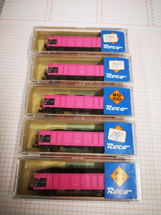 5X SBB Hochbordwagen pink, beladen mit Kohle. Roco Spur N 25 (Neu (gemäss Beschreibung)) in Lohn ...