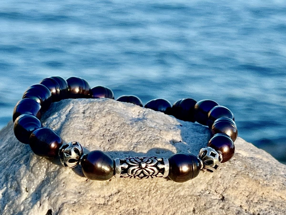 Black Pearl & Balinese Silver Bracelet for Him or Her (Neu und ...