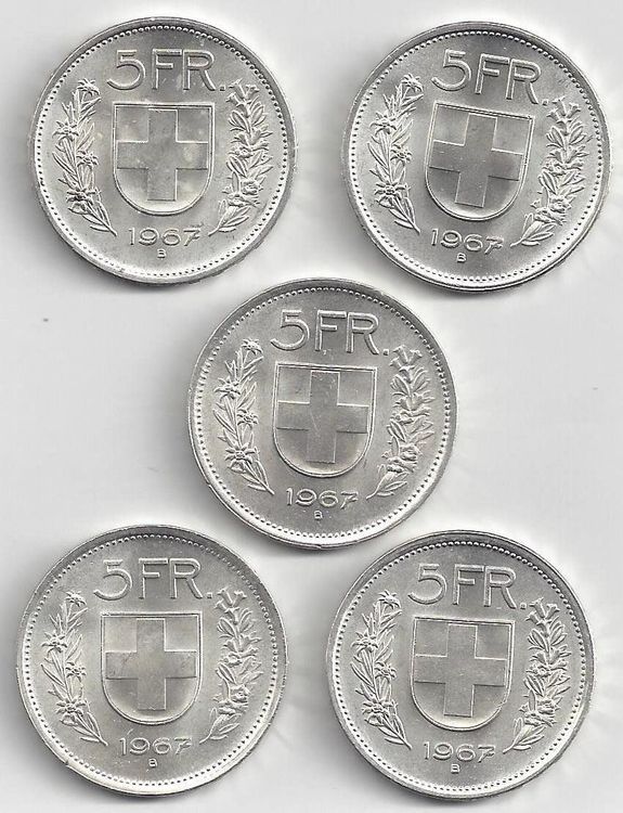 5 Schweizer Silber 5 Franken-Münzen 1967 | Kaufen auf Ricardo