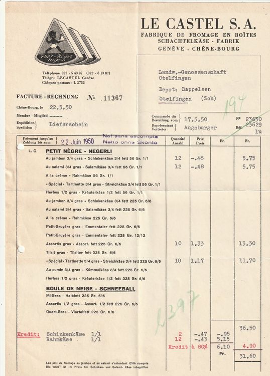 Rechnung Genf 1950 Le Castel (Gebraucht) in Rorschacherberg für CHF 4 – mit Lieferung auf ...