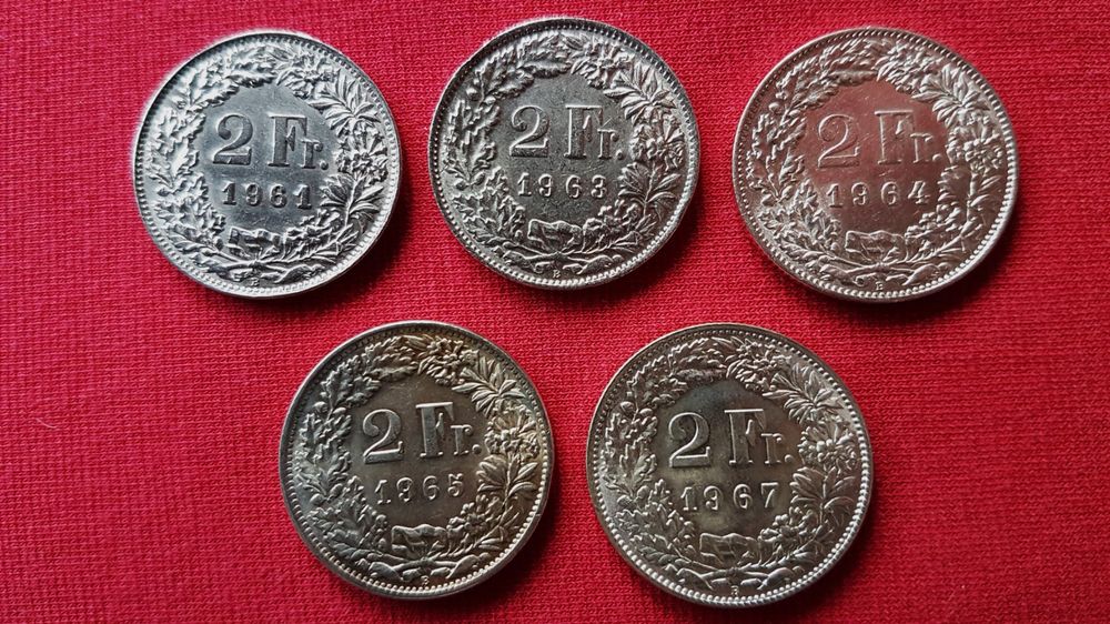 5 x 2 Fr schöne Silberm. 1961 bis 1967 kompl. Serie ab 1 Fr! (Gebraucht) in Camignolo für CHF 27 ...