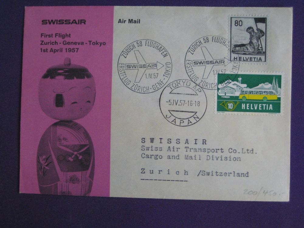 Erstflugbrief Zürich-Genf-TOKYO 1.IV.1957 (Neu (gemäss Beschreibung)) in Wangs für CHF 4 – mit ...