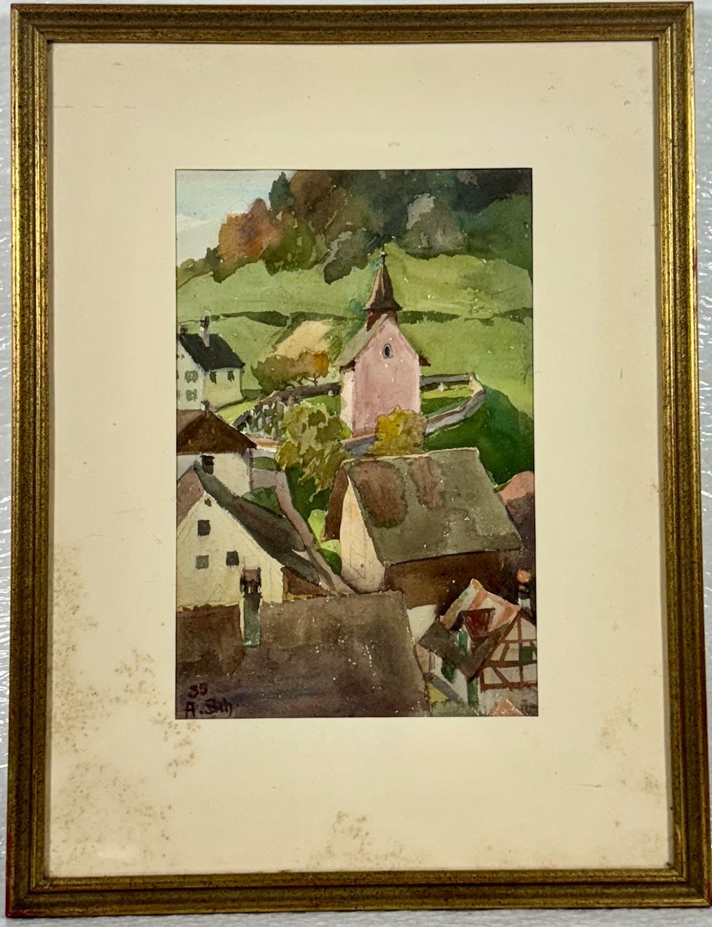 Alte Dorfkirche Hügellandschaft Aquarell Mono.A.Sch. Datiert (Gebraucht ...