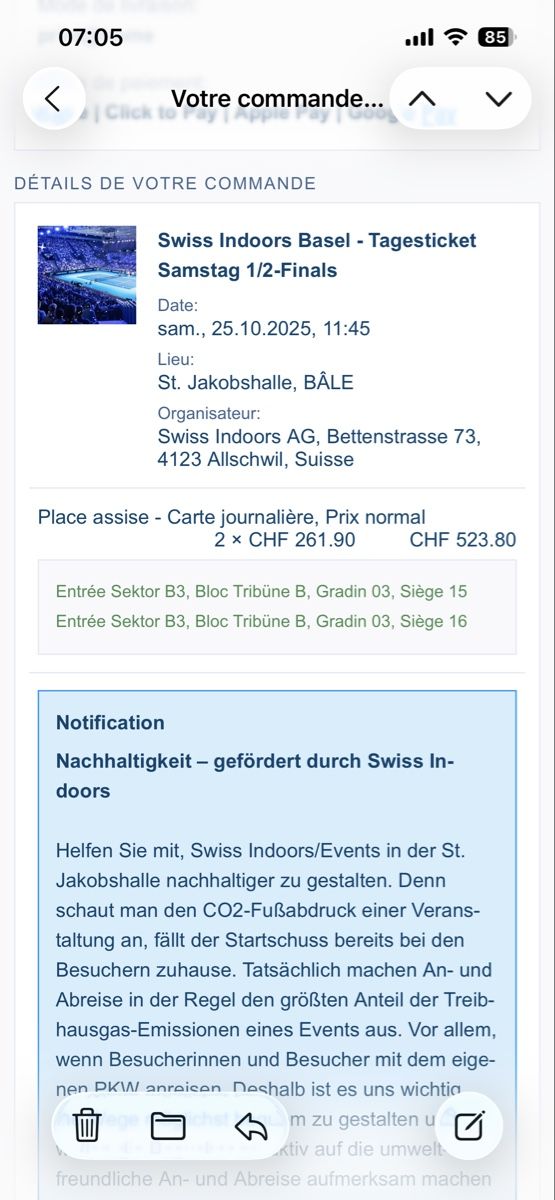 2 billets Swiss Indoors Bâle 25.10.2025 - 1/2 Finale (Neuf avec ...