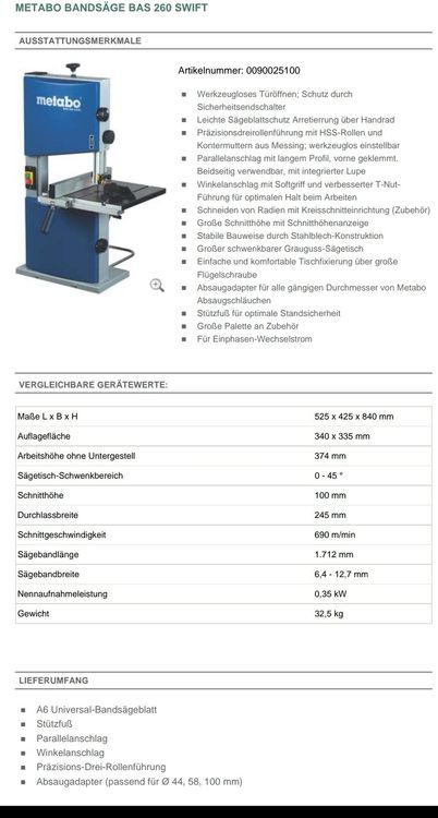 Metabo Bandsäge BAS 260 SWIFT (Gebraucht) in Zürich für CHF 100 – nur Abholung auf Ricardo kaufen