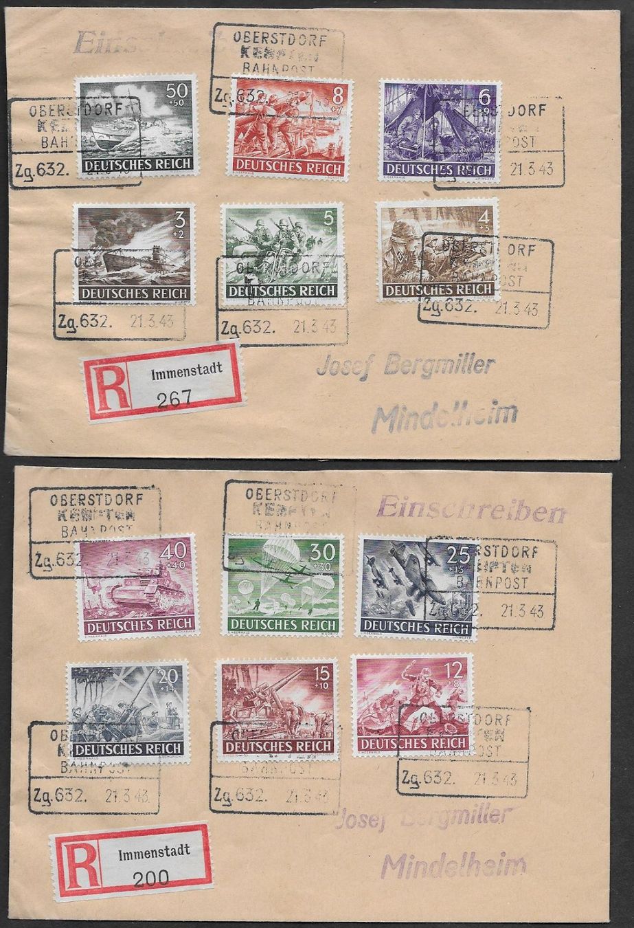 1943 zwei R/FDC o OBERSTDORF MI 831-842 Serie selten ab 1.- (Gebraucht) in Zürich für CHF 6 ...