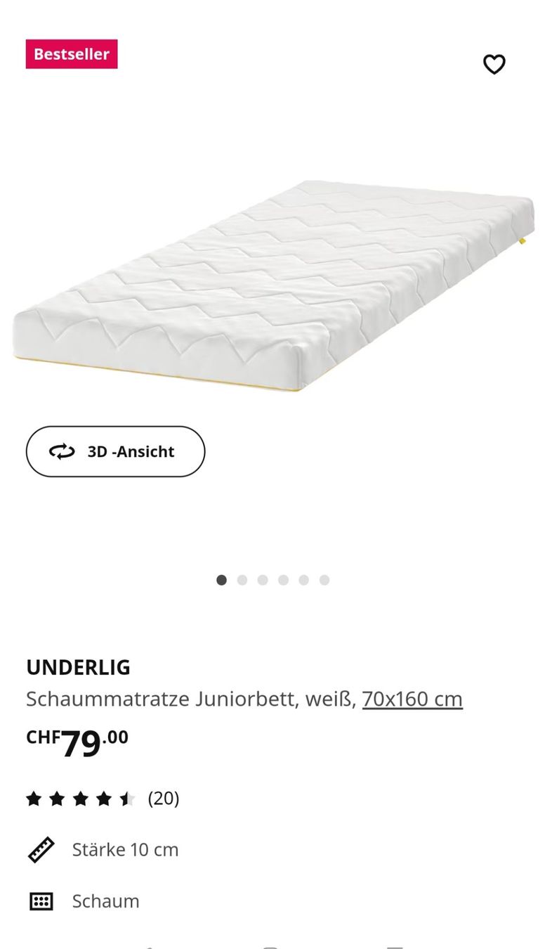 Kindermatratze 70x160 cm, Bezug waschbar Ikea (Neu (gemäss Beschreibung ...