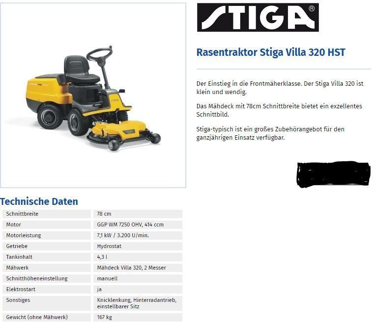 STIGA Frontmäher Villa 320 HST (Gebraucht) in Remetschwil für CHF 1290 ...