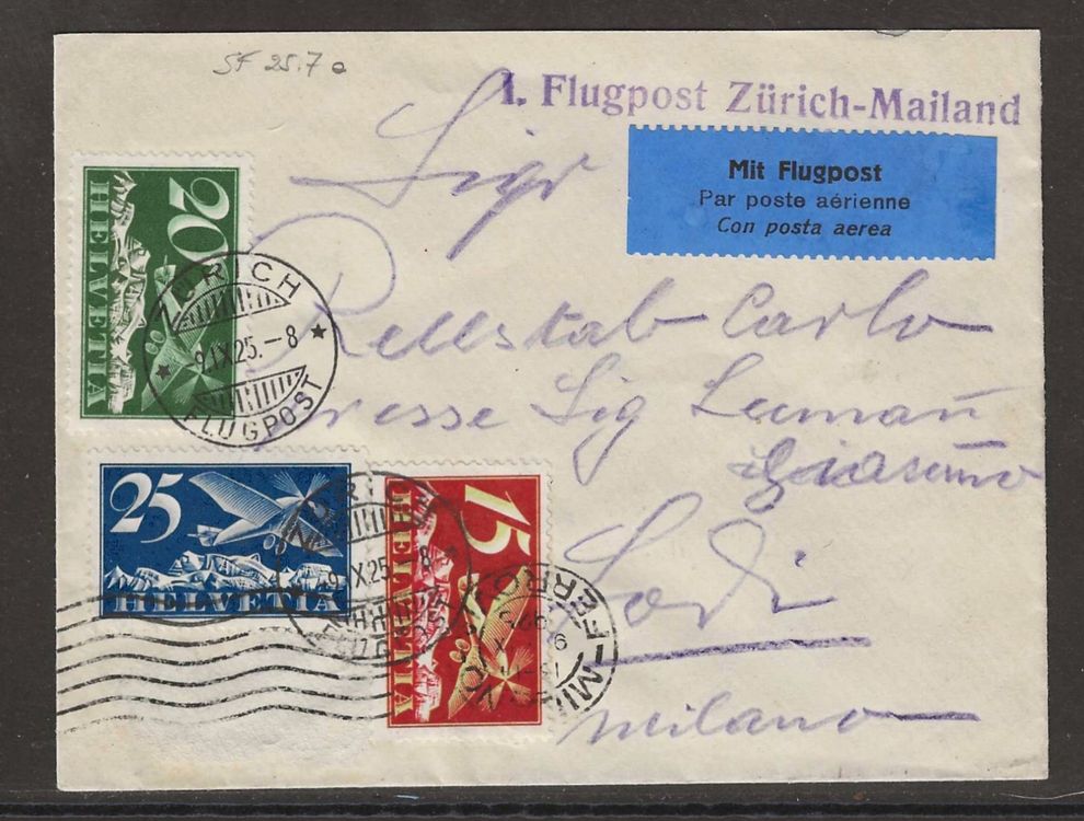 1925 : 1. Flugpost Zürich - Milano (Gebraucht) in Gümligen für CHF 10 – mit Lieferung auf ...