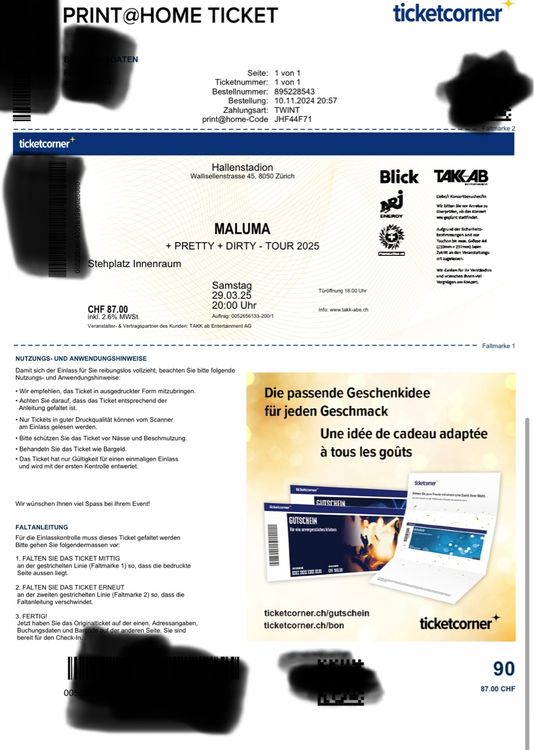 MALUMA Stehticket (Neu (gemäss Beschreibung)) in Richterswil für CHF 87 ...