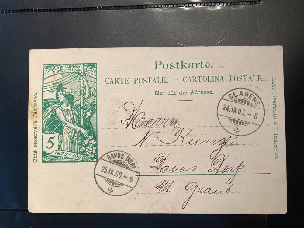 Schweiz 1900 5 Rp. Ganzsache UPU 25 J. Clarens 24.9.1900 (Gebraucht) in Liestal für CHF 1 – mit ...