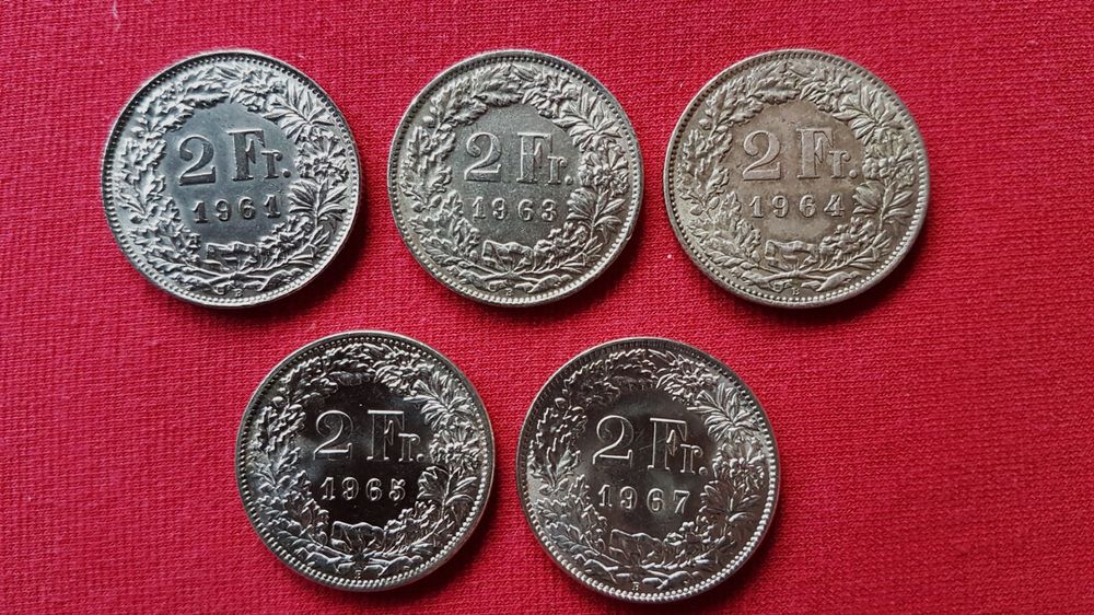 5 x 2 Fr schöne Silberm. 1961 bis 1967 kompl. Serie ab 1 Fr! | Kaufen auf Ricardo