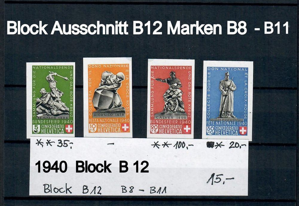1940 P.P. Marken-Block B 12-Ausschnitte **/* /- B8 - B11 (Neu (gemäss Beschreibung)) in Bützberg ...