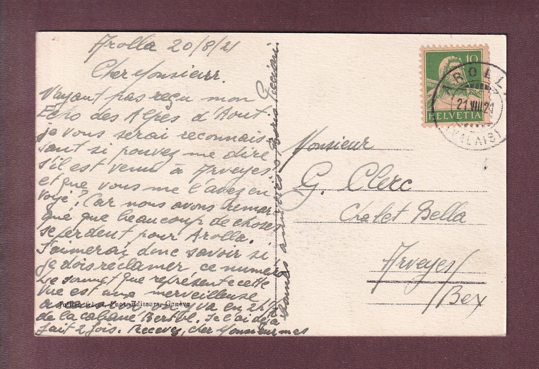 AROLLA - Aiguille de la Za - 1921 (D'occasion) à Pully pour CHF 5 ...