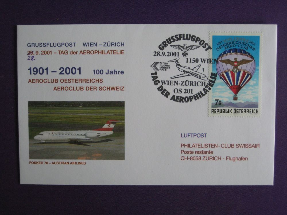 Flugbrief Wien-Zürich 28.9.2001 (Neu (gemäss Beschreibung)) in Wangs für CHF 1 – mit Lieferung ...