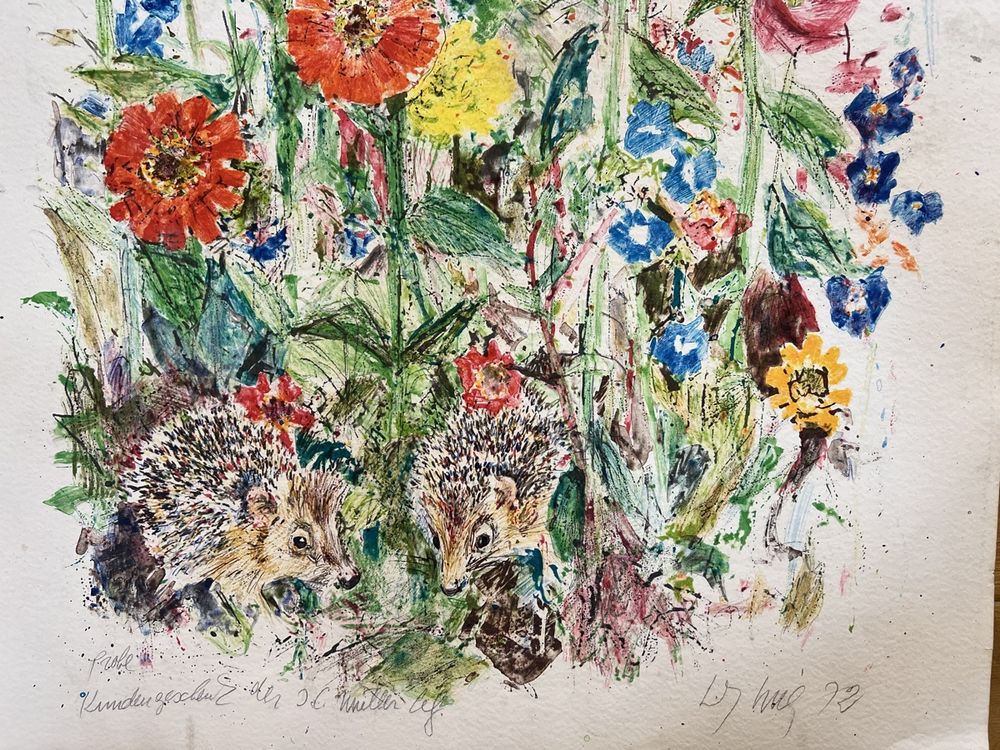 Grosses Fritz Hug Original Bild 1972 Blumenwiese mit Igeln (Gebraucht ...
