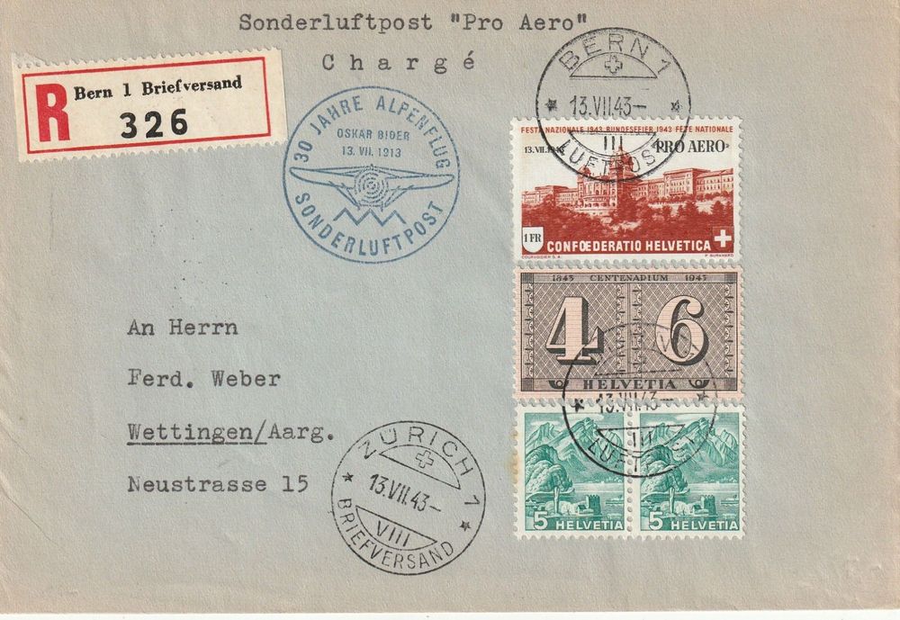 Pro Aero 1943, R-Brief von Bern nach Zürich (Gebraucht) in Turgi für CHF 3 – mit Lieferung auf ...