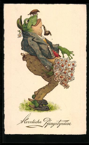 Vermenschlichter Frosch mit Blumen und M | Kaufen auf Ricardo