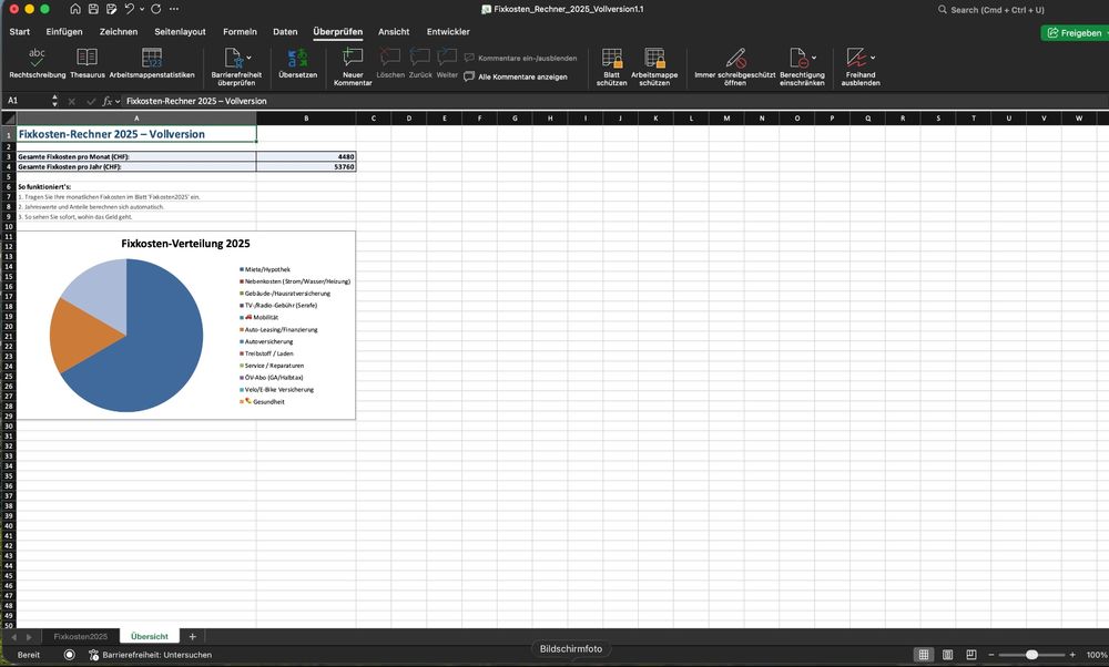 Fixkosten-Rechner 2025 – PRO Version (Excel & Numbers-CHF) (Neu (gemäss ...