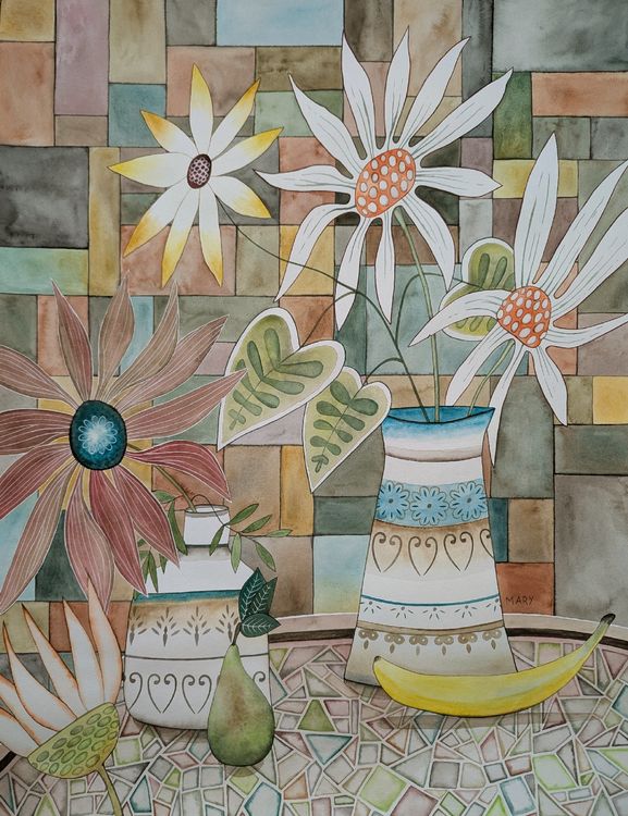 Original Aquarell "Stillleben auf Tisch" Bild Blumen Vase (Neu und originalverpackt) in ...