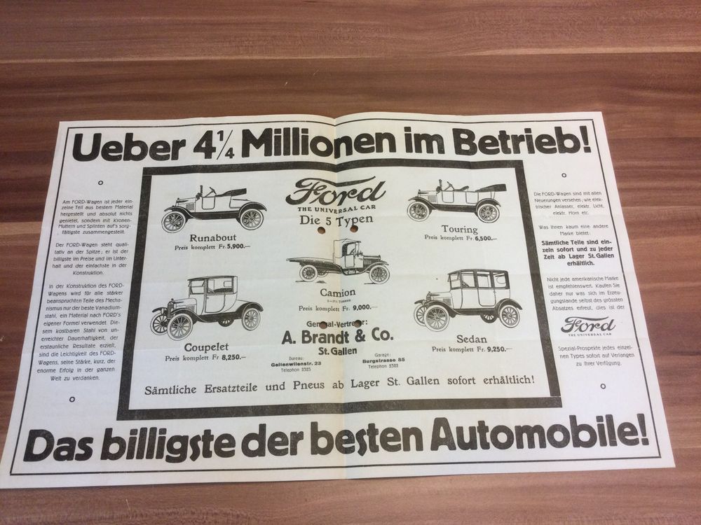 Orginales Ford Auto Prospekt von A. Brand St. Gallen 1921 (Gebraucht ...