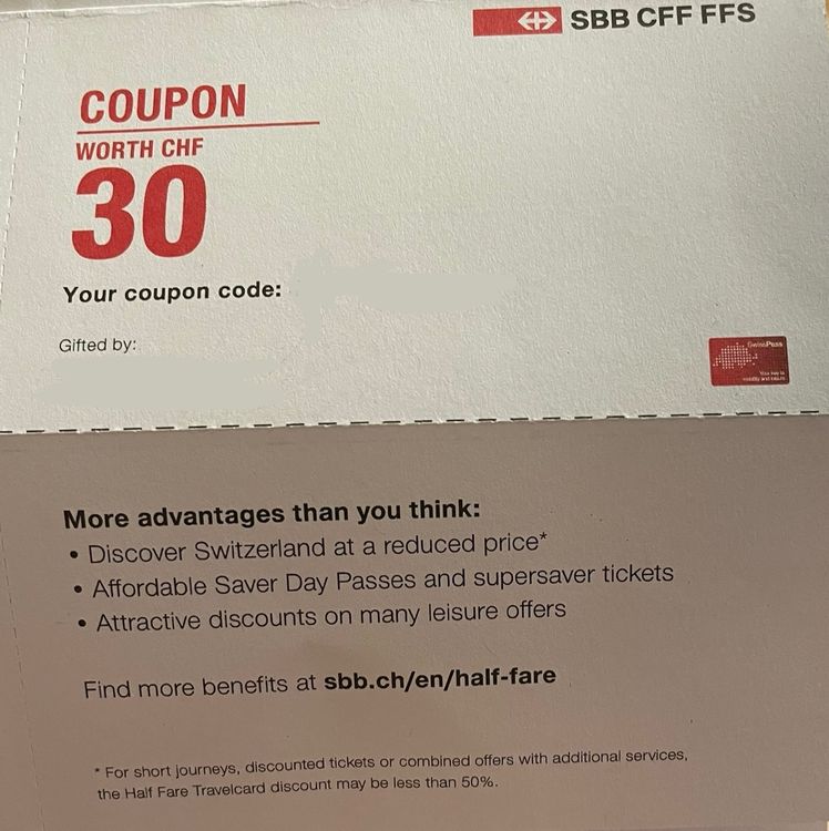 CHF 30 Discount Coupon Half Fare Travelcard SBB CFF FFS | Kaufen auf ...