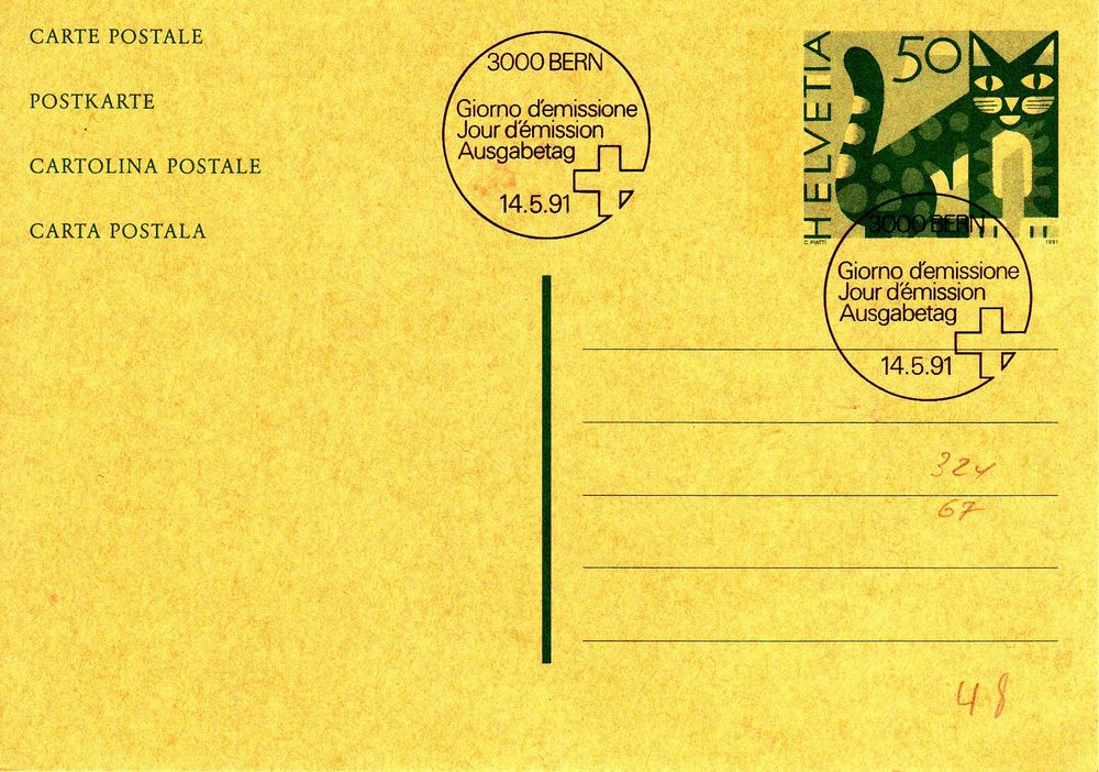 2 Postkarten PTT-Schweiz °°/** 1991(Katze) unadressiert-neu (Neu (gemäss Beschreibung)) in ...