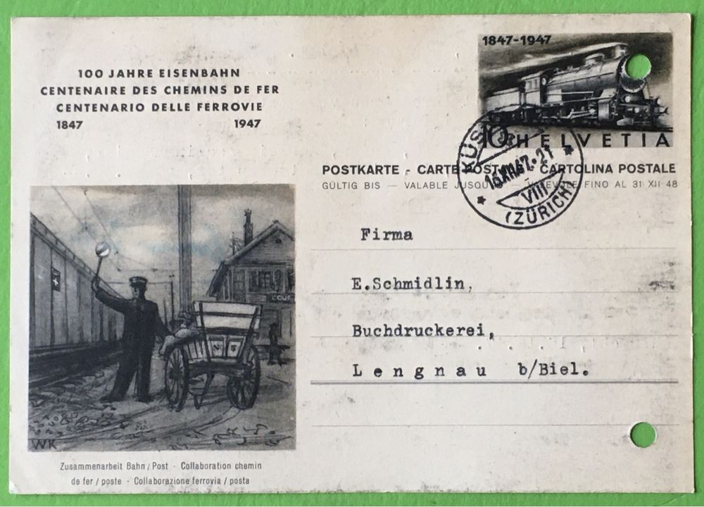 Alte AK/Postkarte 100 Jahre Eisenbahn 1847-1947 (Gebraucht) in Lengnau für CHF 1 – mit Lieferung ...