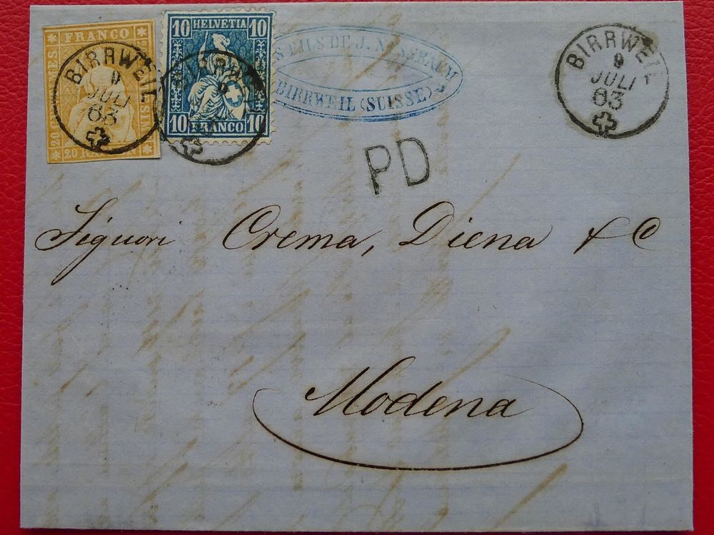 1863: 25G+31 von BIRRWEIL n. MODENA, MISCHFRANKATUR +Schiffs (Gebraucht ...