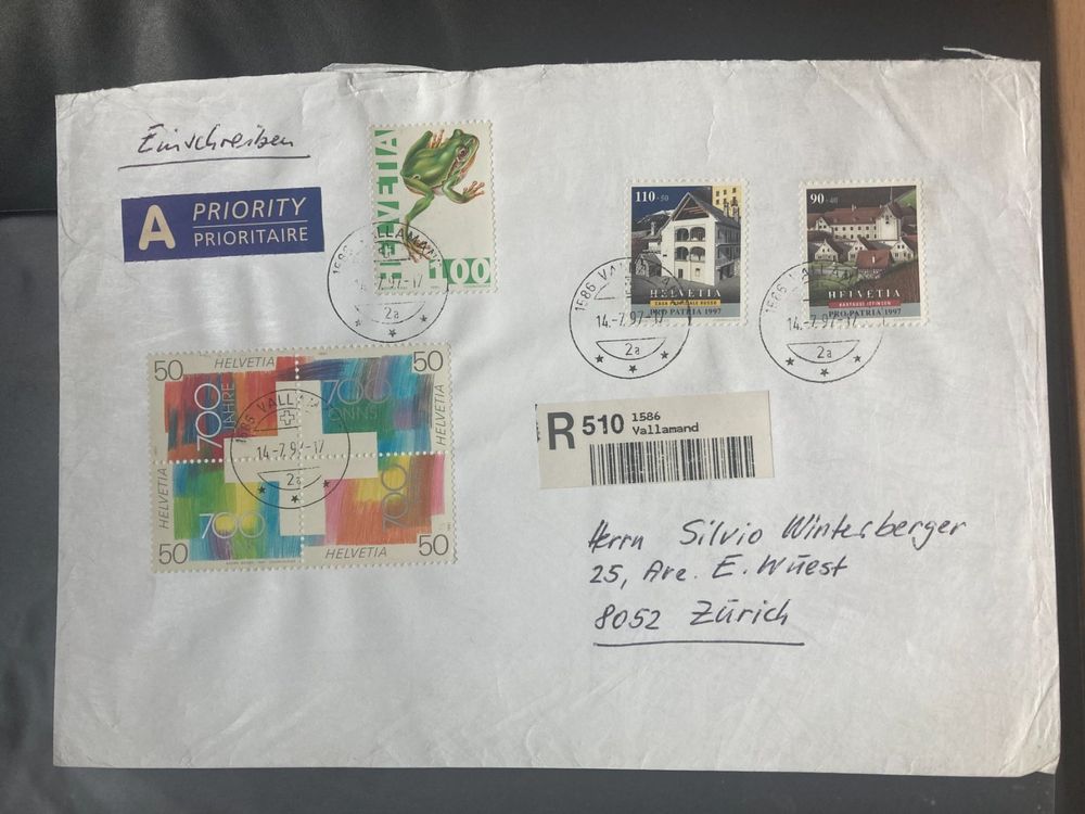 Schweiz 1997 R-Brief Vallamand Pro Patria 700 J. 4er-Block (Gebraucht ...
